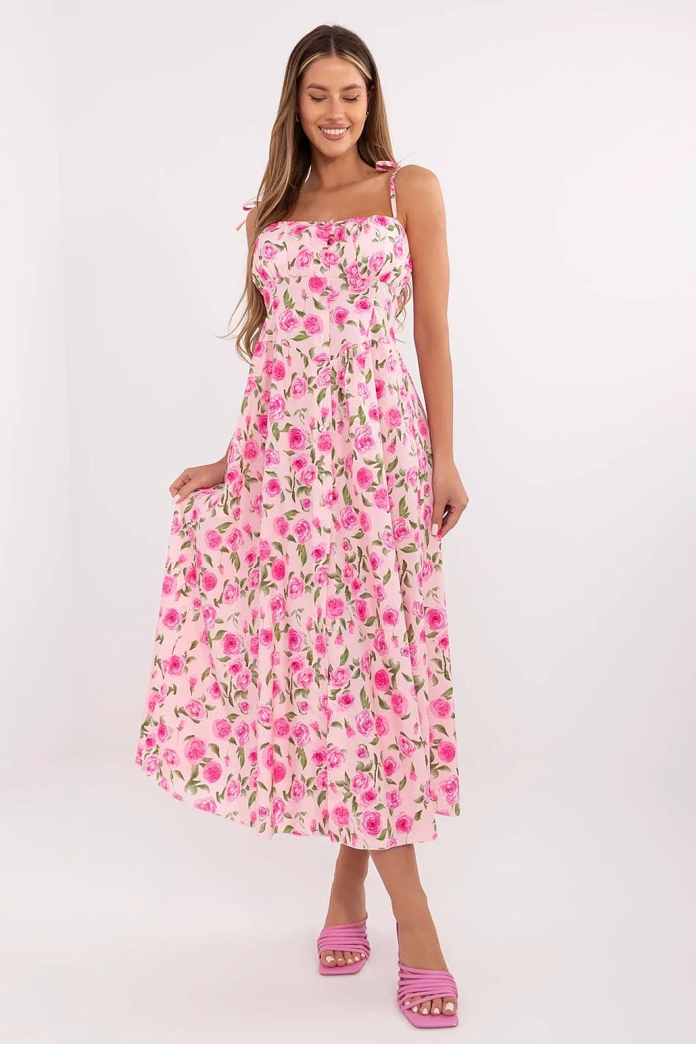 Robe été fleurie rose midi boutonnée