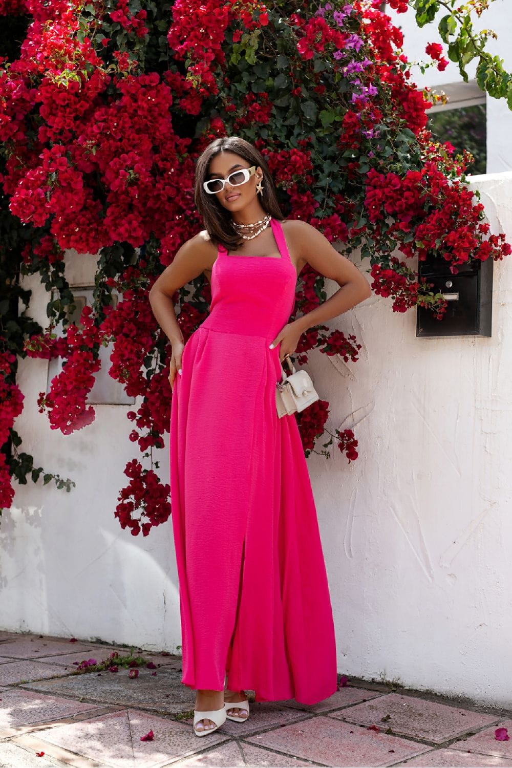 Robe longue fendue rose été