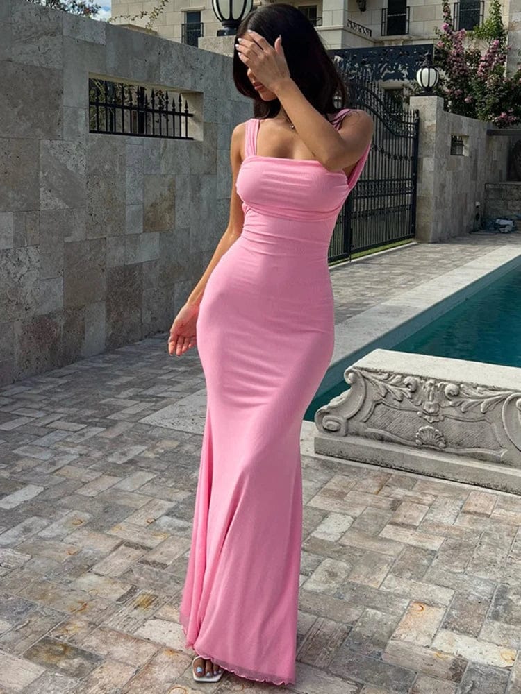 Robe longue dos nu rose bonbon